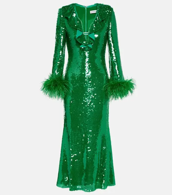 SELF-PORTRAIT Feather-trimmed Sequined Midi Dress