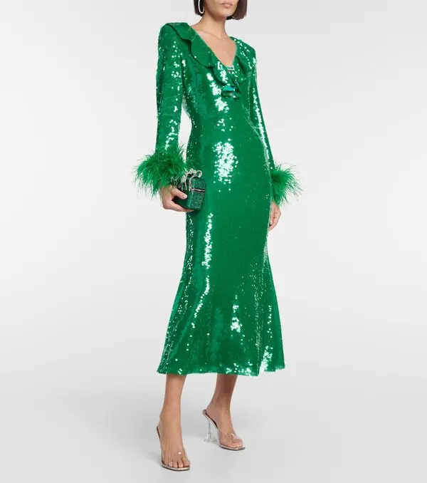 SELF-PORTRAIT Feather-trimmed Sequined Midi Dress