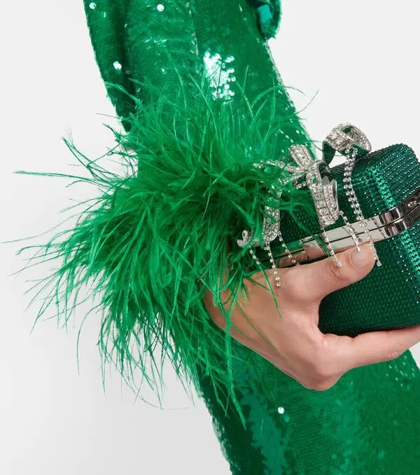 SELF-PORTRAIT Feather-trimmed Sequined Midi Dress