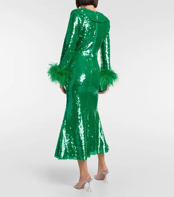 SELF-PORTRAIT Feather-trimmed Sequined Midi Dress