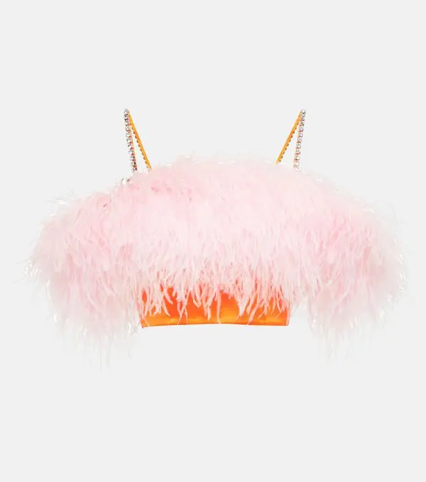SELF-PORTRAIT Feather-trimmed Satin Crop Top