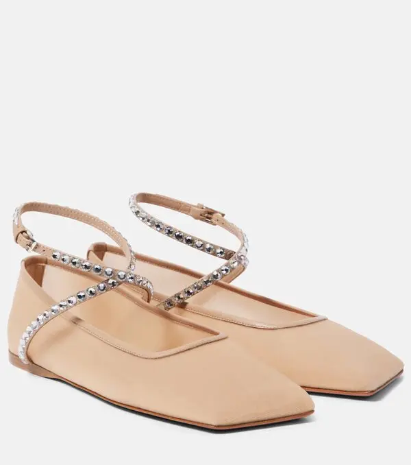 Amina Muaddi Ane Embellished Ballet Flats - Beige