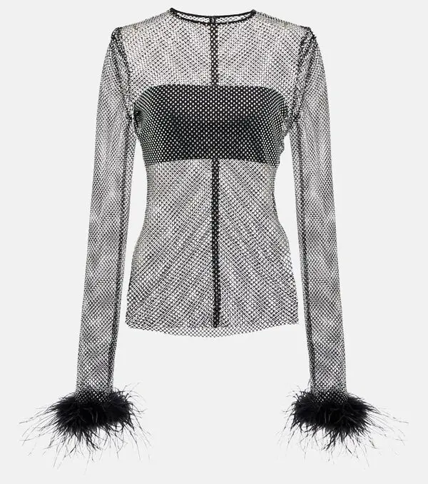 Giuseppe Di Morabito Embellished Feather-trimmed Net Top - Black