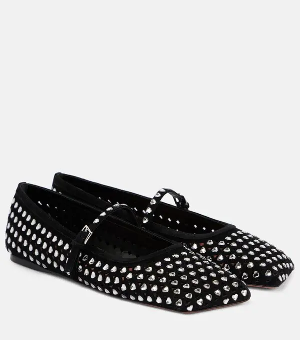 Amina Muaddi Embellished Leather Mary Jane Flats