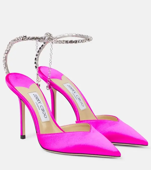 JIMMY CHOO Saeda 100 Embellished Satin Pumps With Buckle-fastening Ankle Strap - Pink