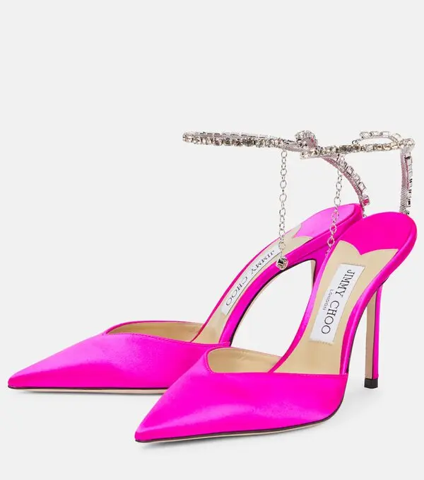 JIMMY CHOO Saeda 100 Embellished Satin Pumps With Buckle-fastening Ankle Strap - Pink