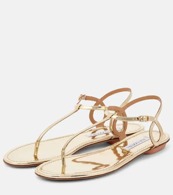 AQUAZZURA Metallic Leather Thong Sandals - Gold