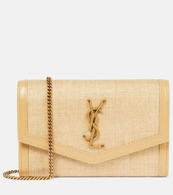 Saint Laurent Uptown Raffia Wallet On Chain - Neutrals