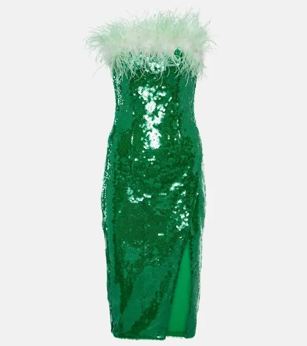 SELF-PORTRAIT Feather-trimmed Sequined Midi Dress