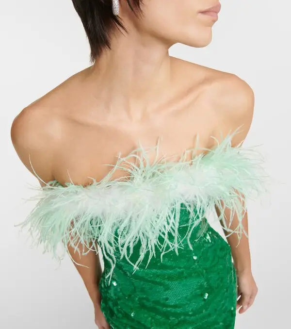 SELF-PORTRAIT Feather-trimmed Sequined Midi Dress