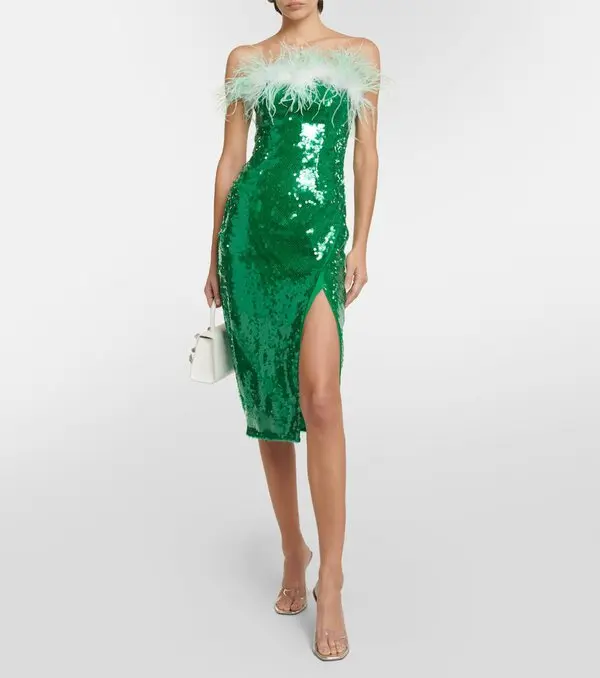 SELF-PORTRAIT Feather-trimmed Sequined Midi Dress