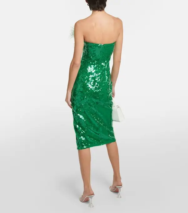 SELF-PORTRAIT Feather-trimmed Sequined Midi Dress
