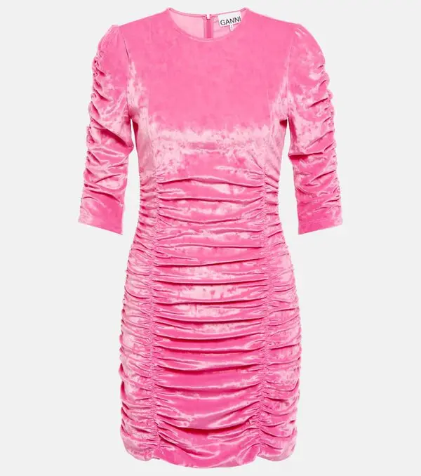 GANNI Ruched Velvet Minidress