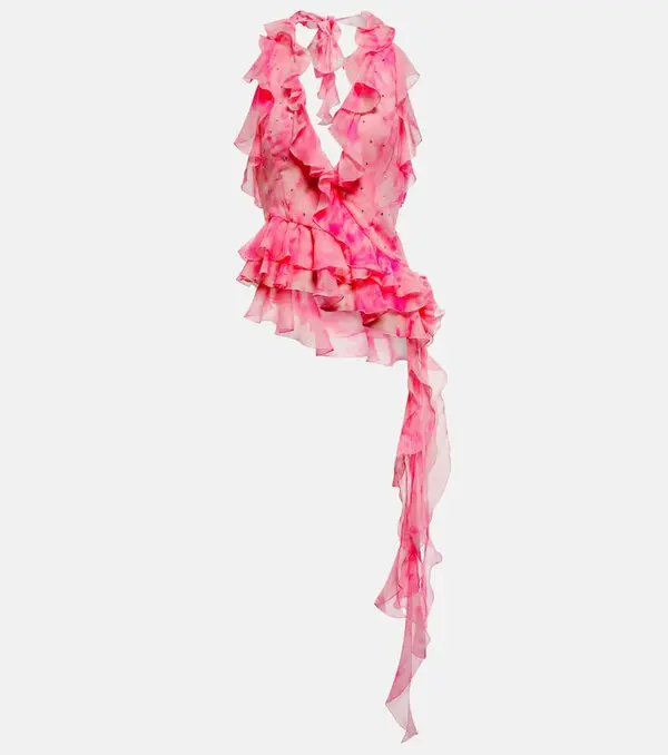 Alessandra Rich Crystal-embellished Ruffled Silk Top - Pink