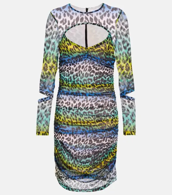 GANNI Leopard-print Mesh Minidress - Multicoloured