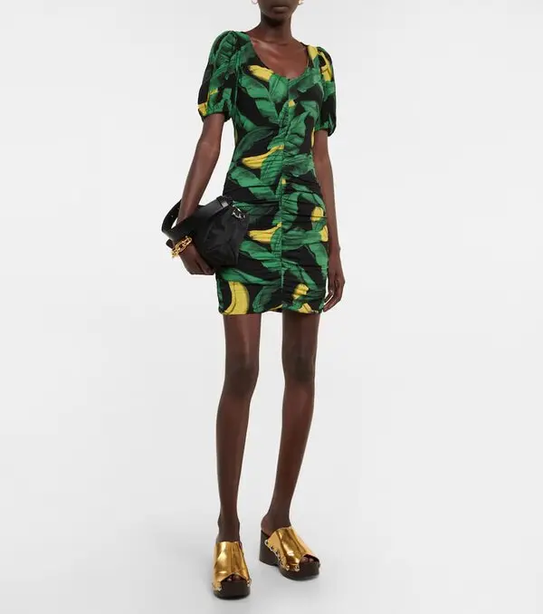 GANNI Printed Ruched Mini Dress