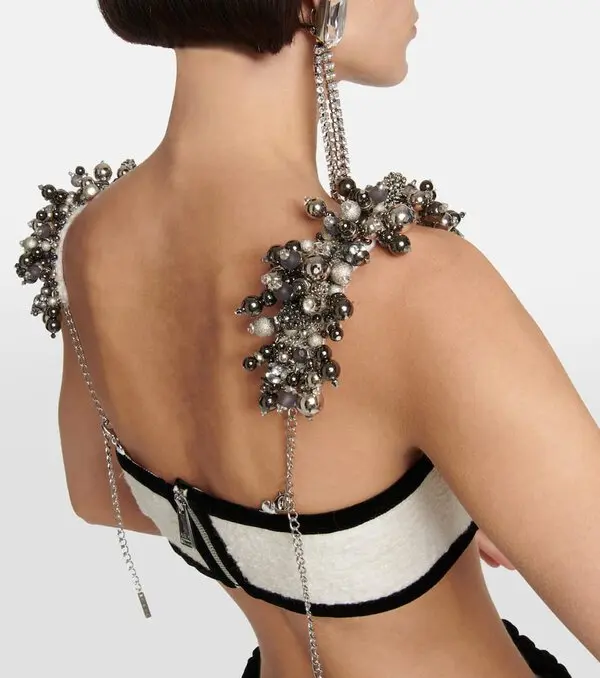 AREA Heart-embellished Bouclé Crop Top