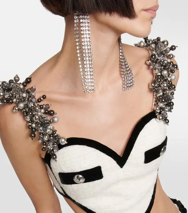 AREA Heart-embellished Bouclé Crop Top