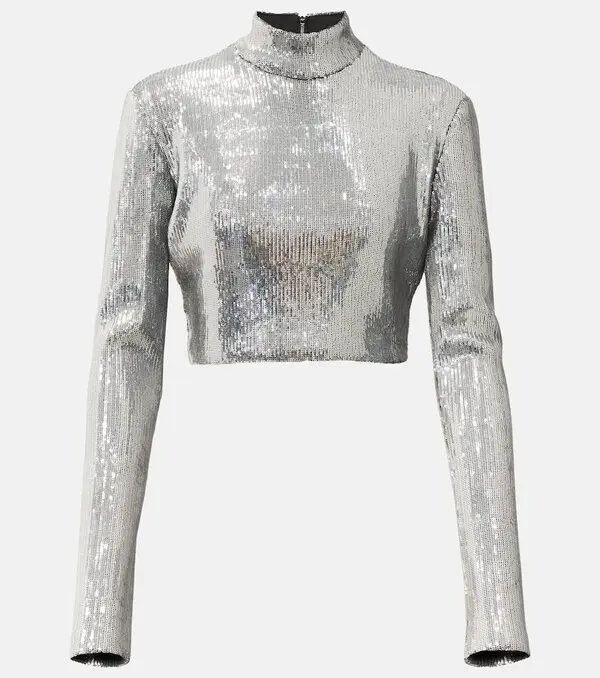 David Koma Sequined Mock Neck Crop Top