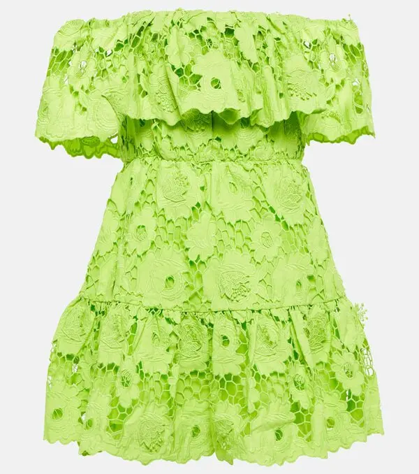 SELF-PORTRAIT Off-shoulder Lace Mini Dress - Green