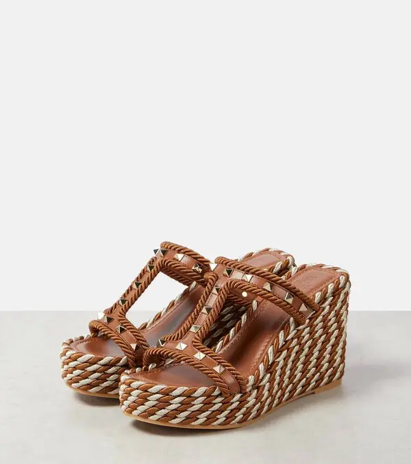 Valentino Garavani Rockstud Leather Wedge Espadrilles