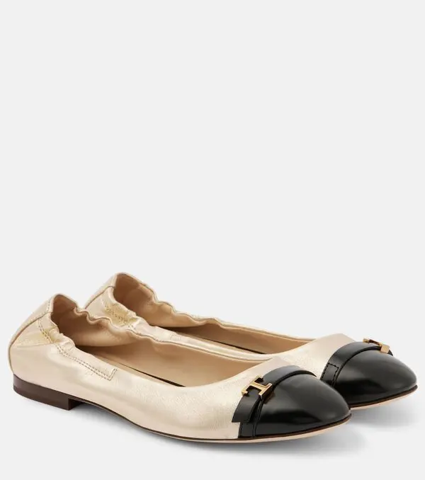 TOD'S Metallic Leather Ballerina Flats - Gold