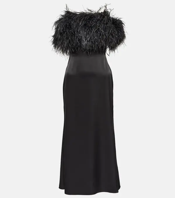 David Koma Feather-trimmed Satin Midi Dress