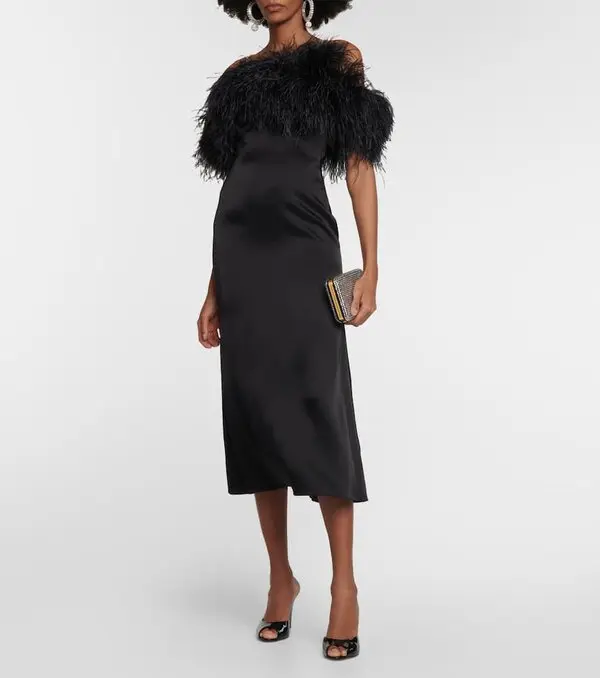 David Koma Feather-trimmed Satin Midi Dress