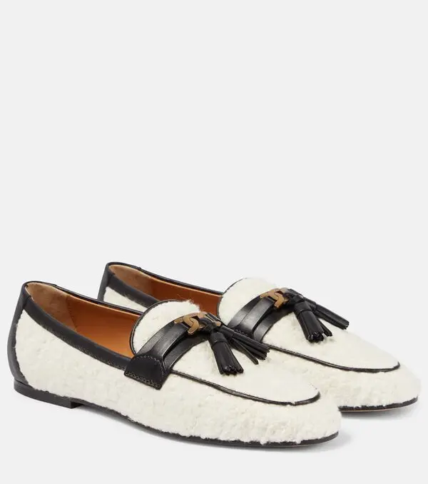 TOD'S Tasseled Boucle And Leather Loafers - White