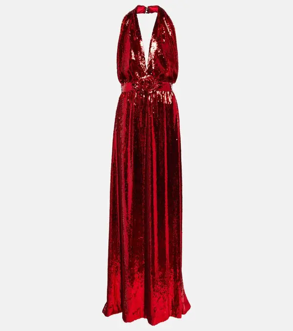 RODARTE Halterneck Sequin Gown With Corsage - Red