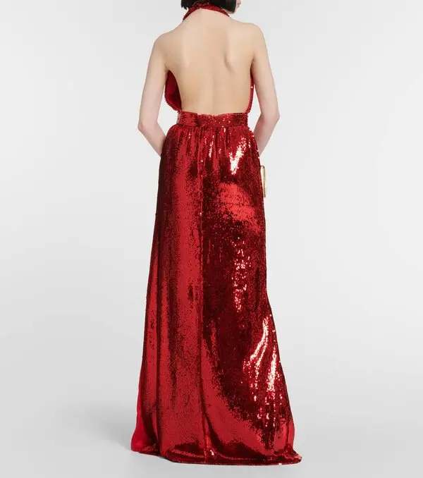 RODARTE Halterneck Sequin Gown With Corsage - Red