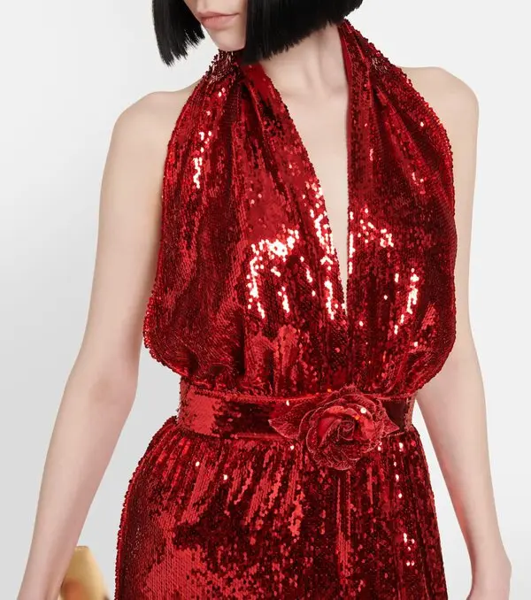 RODARTE Halterneck Sequin Gown With Corsage - Red