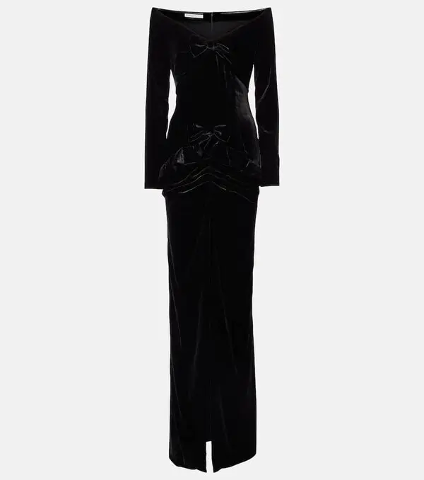 Alessandra Rich Bow-detail Off-the-shoulder Velvet Gown - Black