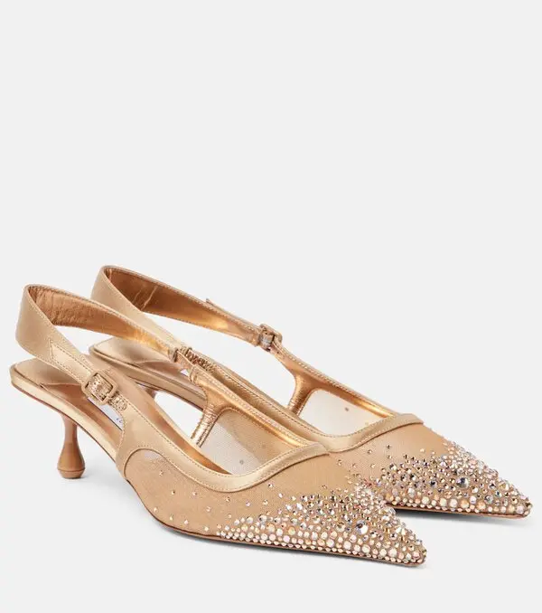 JIMMY CHOO Amel 50 Embellished Mesh Slingback Pumps - Gold