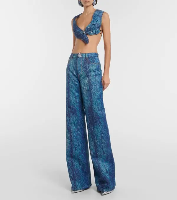 AREA Embellished Fur-print Flared Jeans