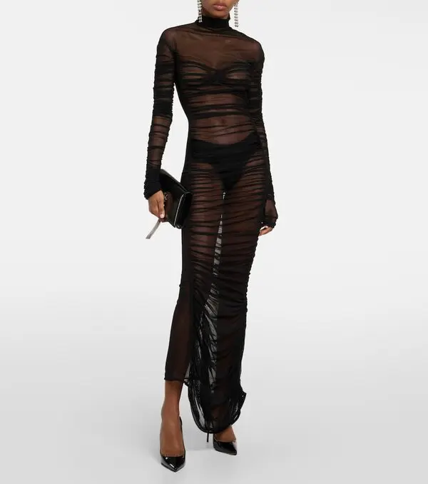 MUGLER Ruched Sheer Maxi Dress