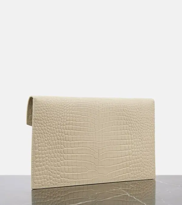 Saint Laurent Uptown Croc-effect Leather Clutch - White