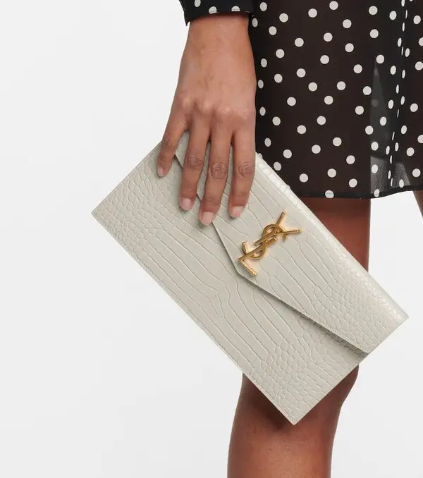 Saint Laurent Uptown Croc-effect Leather Clutch - White