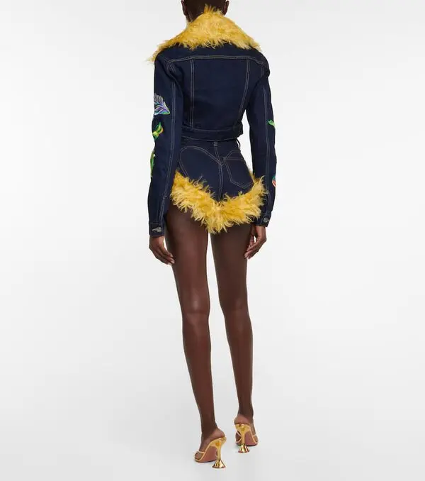 AREA Mohair-trimmed Cropped Denim Jacket