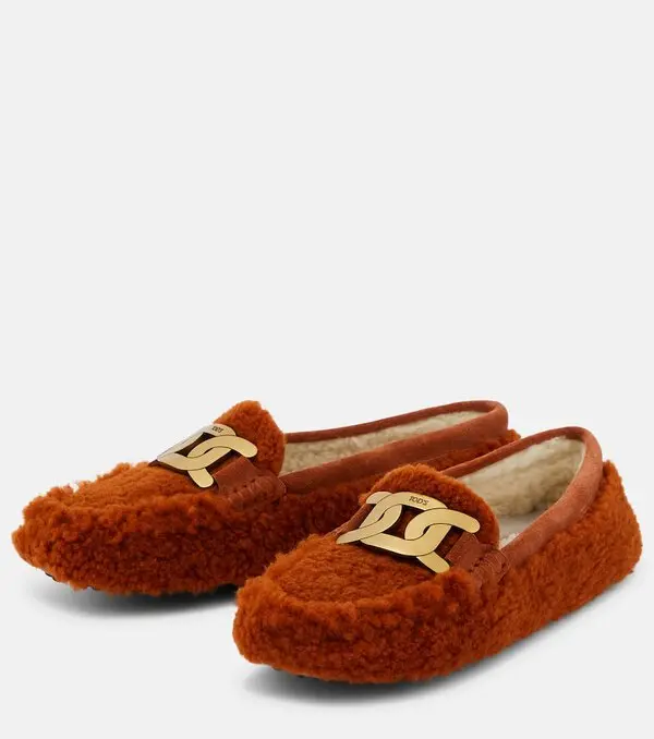 TOD'S Embellished Shearling Loafers - Brown