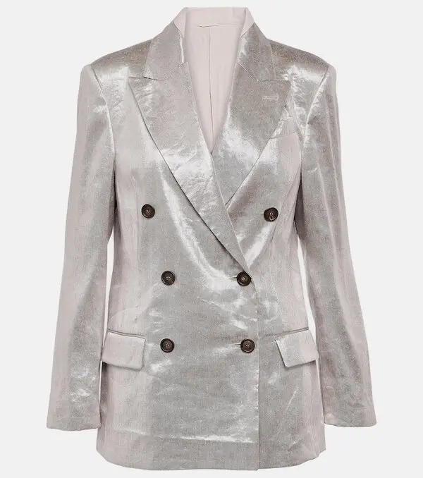 Brunello Cucinelli Double-breasted Metallic Linen-blend Blazer