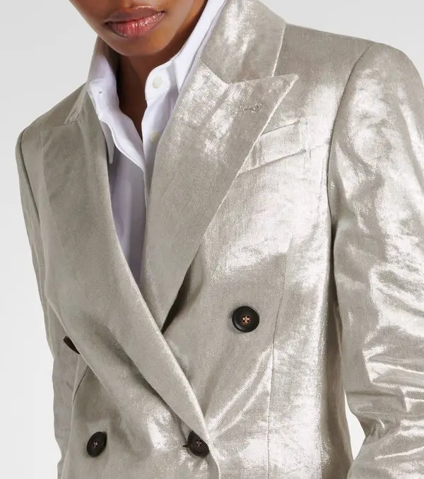 Brunello Cucinelli Double-breasted Metallic Linen-blend Blazer