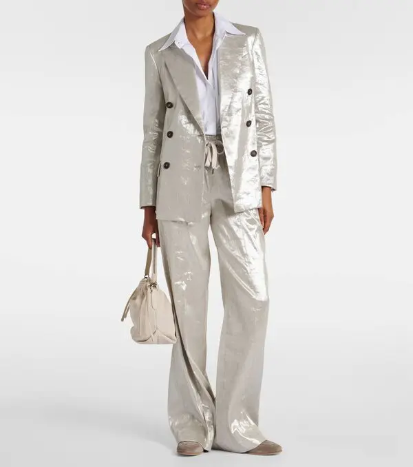 Brunello Cucinelli Double-breasted Metallic Linen-blend Blazer