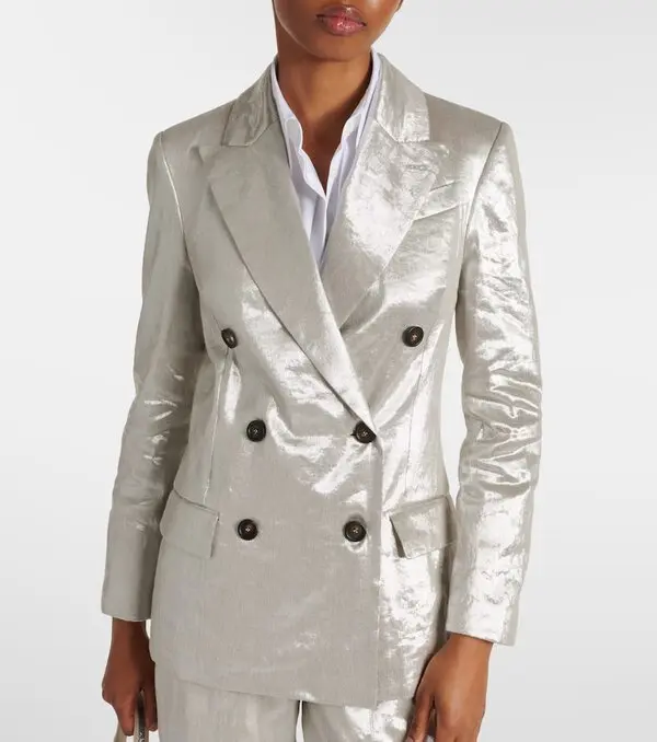 Brunello Cucinelli Double-breasted Metallic Linen-blend Blazer