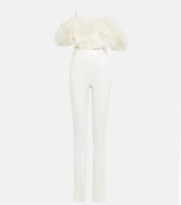 David Koma Feather-trimmed Cady Jumpsuit - White