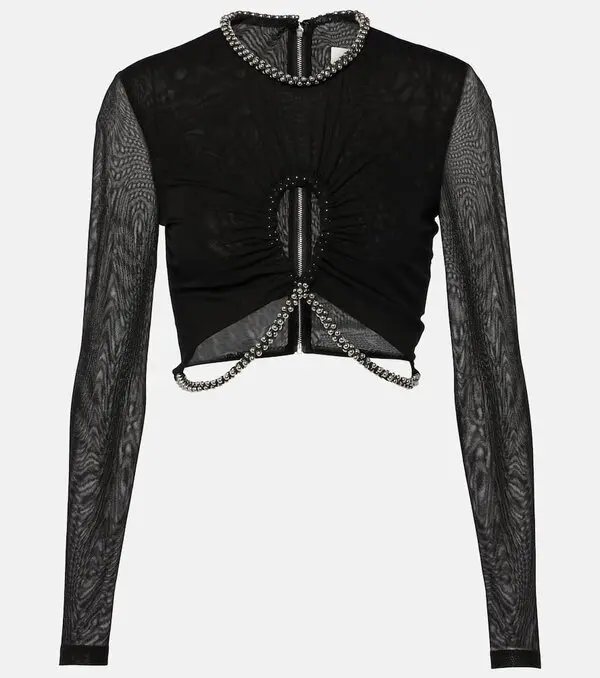 DION LEE Embellished Cutout Jersey Crop Top - Black
