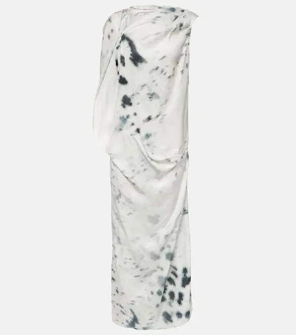 JACQUES WEI Gathered Printed Satin Midi Dress - White