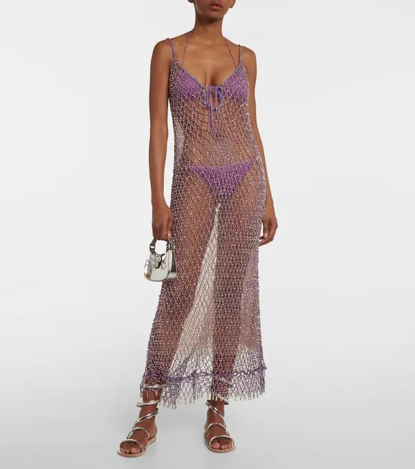 SELF-PORTRAIT Beaded Fishnet Midi Dress
