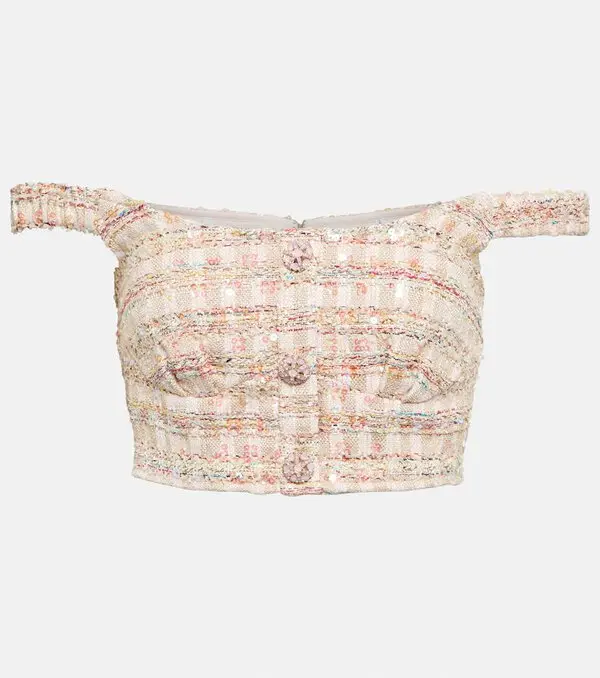 SELF-PORTRAIT Sequined Boucle Crop Top - Pink