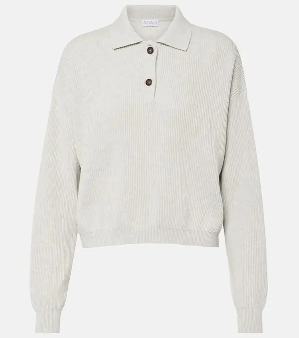 Brunello Cucinelli Ribbed Cotton Polo Sweater - White